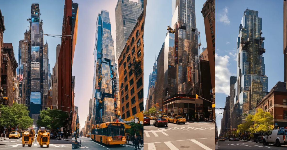 Lexica - In this photograph taken in a street in New York a skyscraper ...