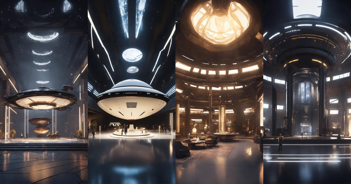 Lexica - Large spaceship lobby, modern design, classic artifact decor ...