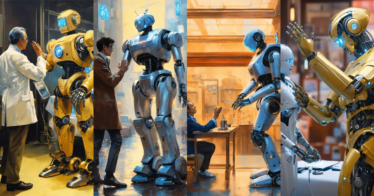 Lexica - A robot in sorayama style high fiving a doctor, realistic
