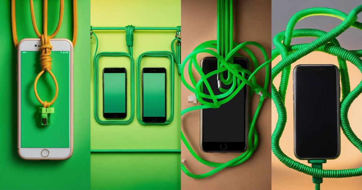 Lexica - Three suspended green bungee cords in knot, cords holding ...