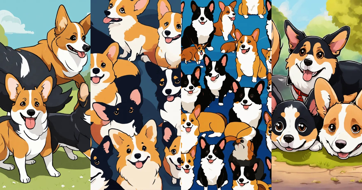 Lexica - 2 cartoon black tri colored corgis with different ...