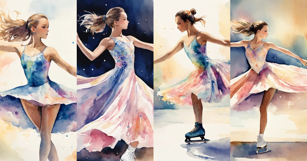 Lexica - Full body watercolor of a young female figure skater spinning, wearing a detailed skate ...