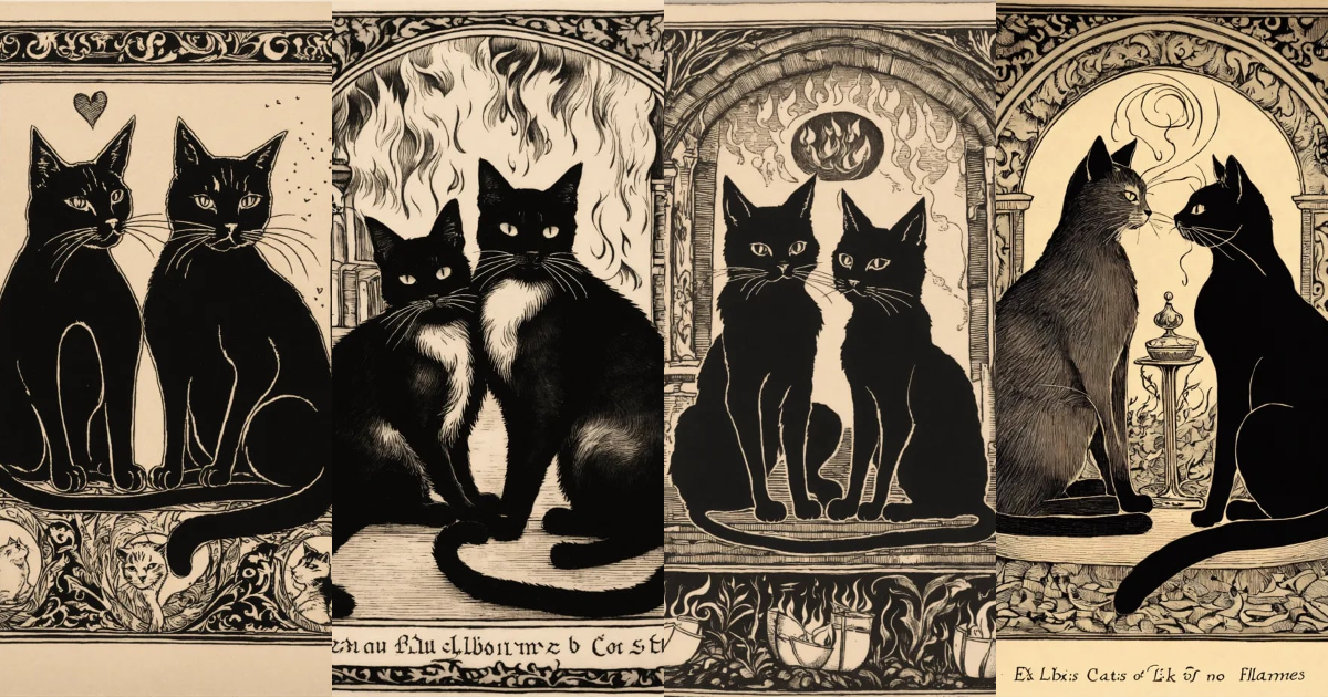 Lexica - Ex libris ink of 2 cats in love with flammes around them ...