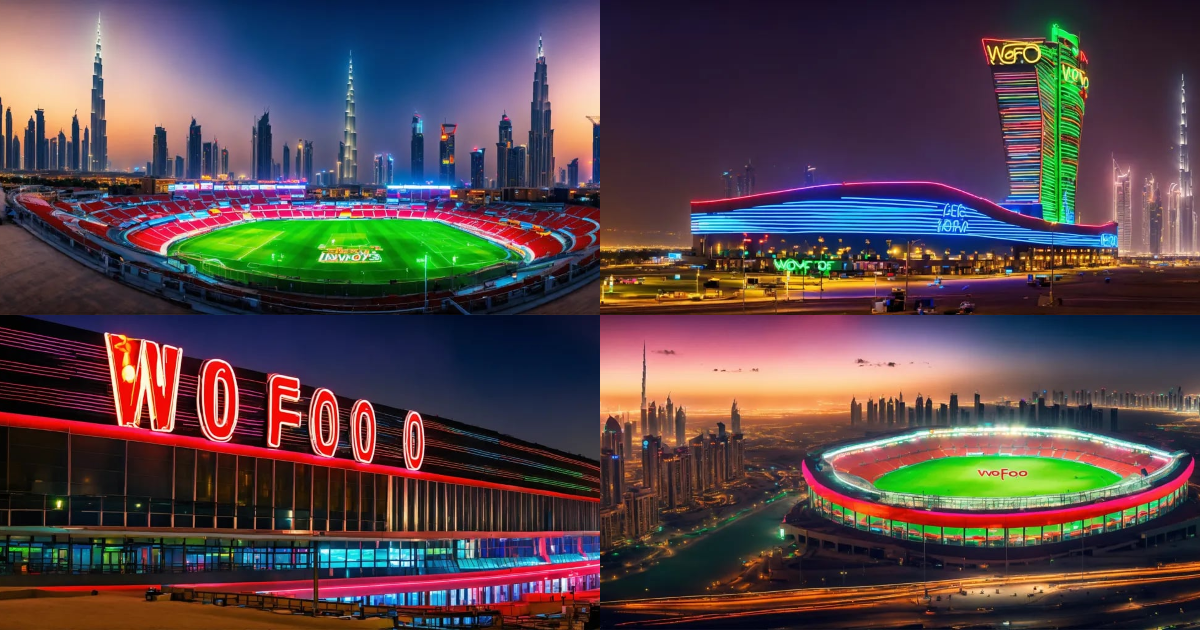 Lexica - Stadium name WOFO neon lights dubai city view big sign with ...