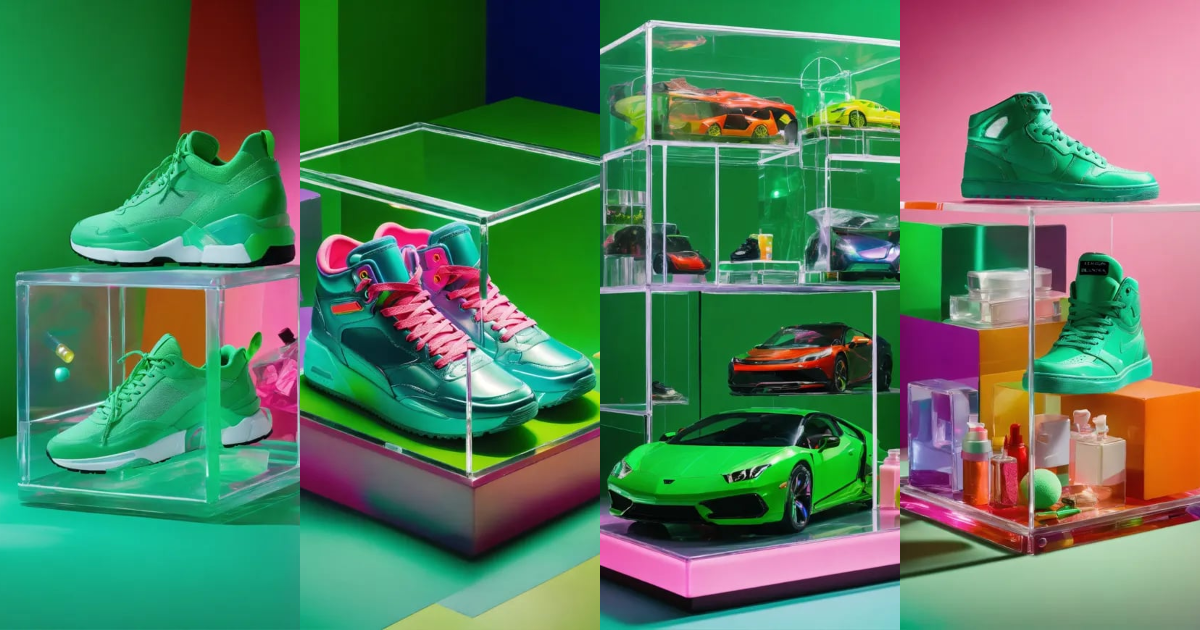 Lexica - Clear plastic cube full of colorful recognizable found objects ...