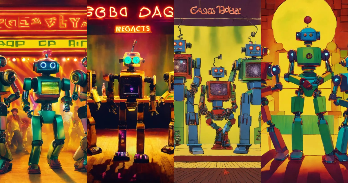 Lexica - Album cover. a group portrait of 3 robots on stage dancing at ...