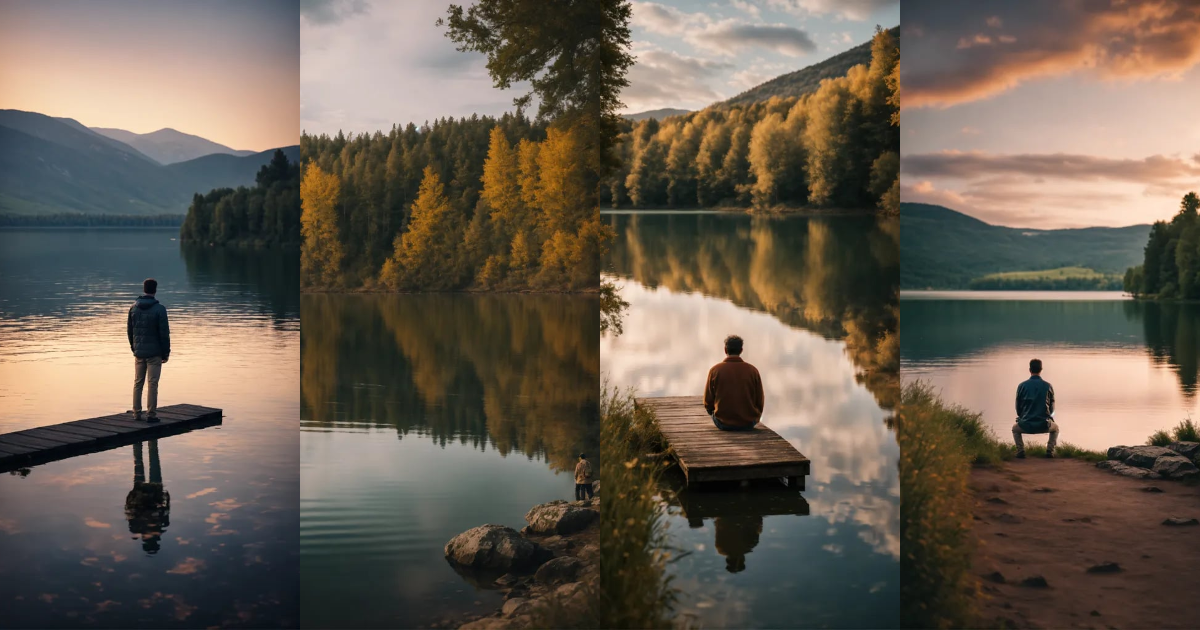 Lexica - Cinematic photo of man alone at a lake overlooking the water ...