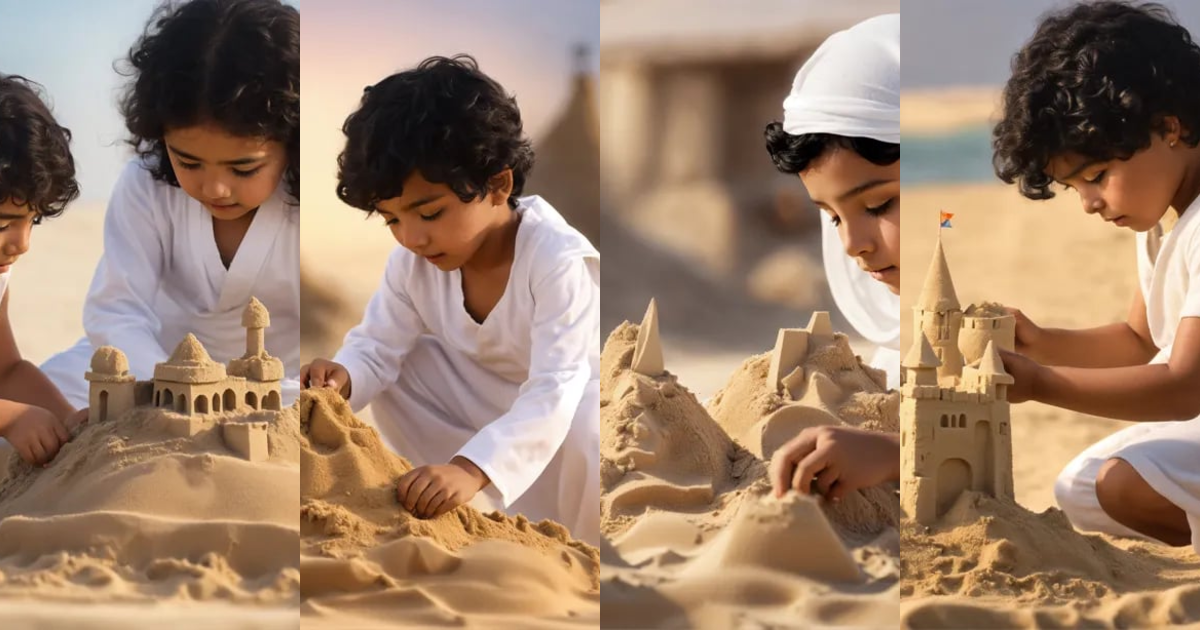 Lexica - Saudi kid sculpting sand castle, close up, beach, white ...