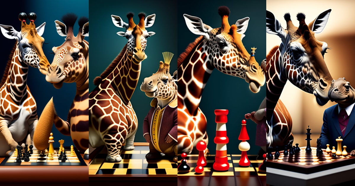 Lexica - A giraffe plays chess with a hippo dressed as a clown