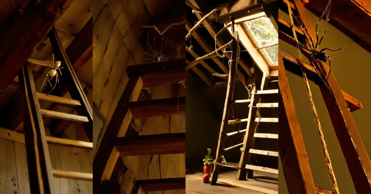 Lexica - A rustic wooden ladder leading up to the attic, a tiny spider ...