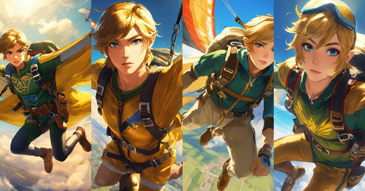 Lexica - Portrait of Link skydiving with a paraglider, in a black and ...