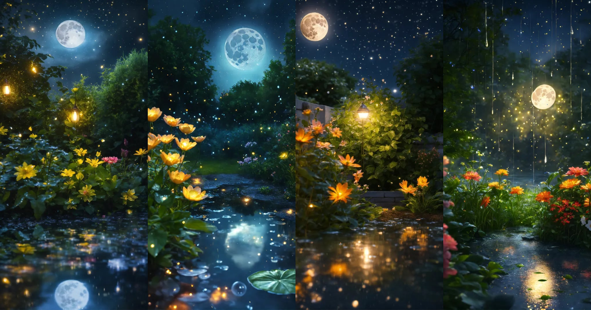 Lexica - A starry night in the garden after the rain, wet, full of fireflies. In the foreground ...