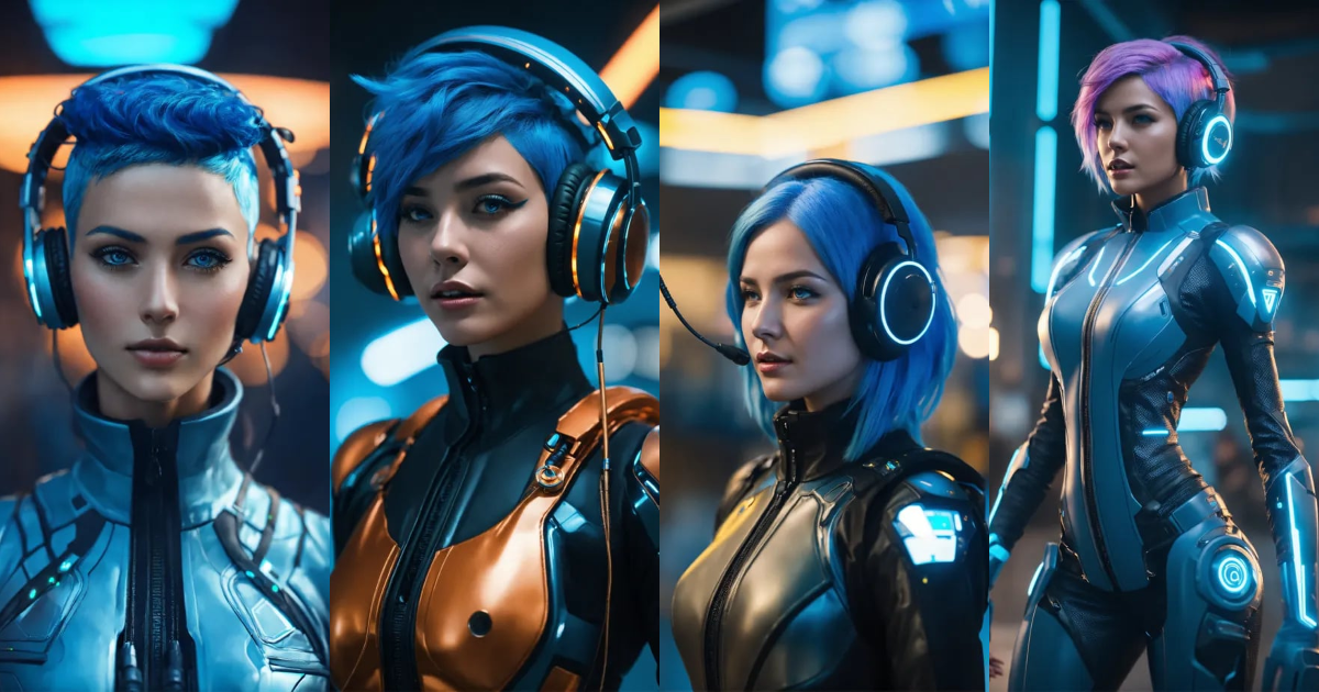 Lexica - Wide shot of a female super spy with blue hair is wearing a ...