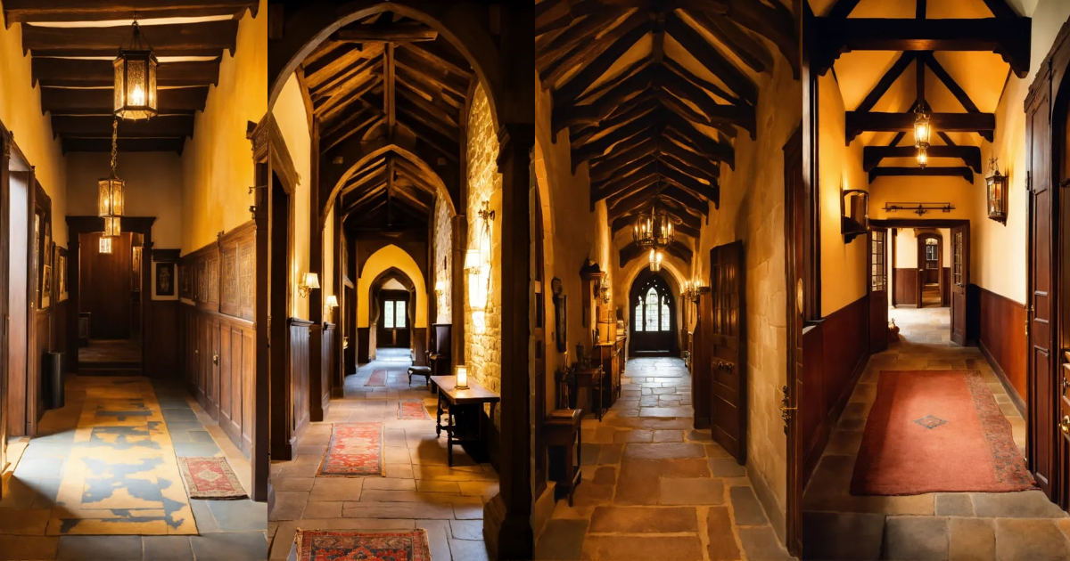 Lexica - Medieval lodge hallway lined with doors