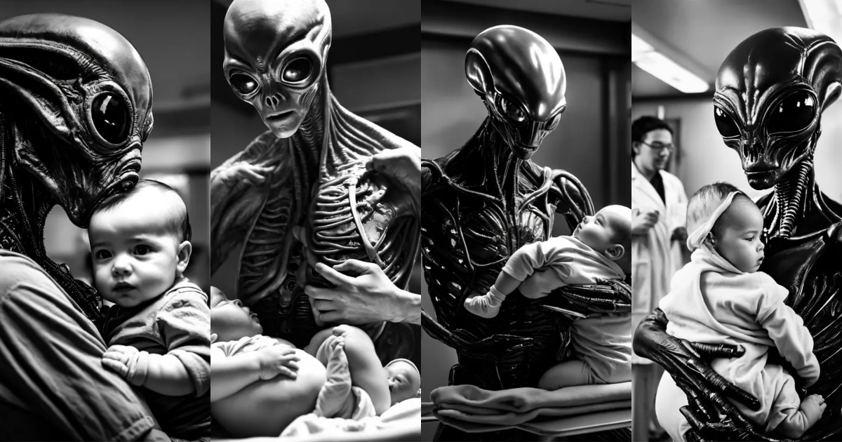 Lexica - An alien free masson holds a baby in his arms, in the ...