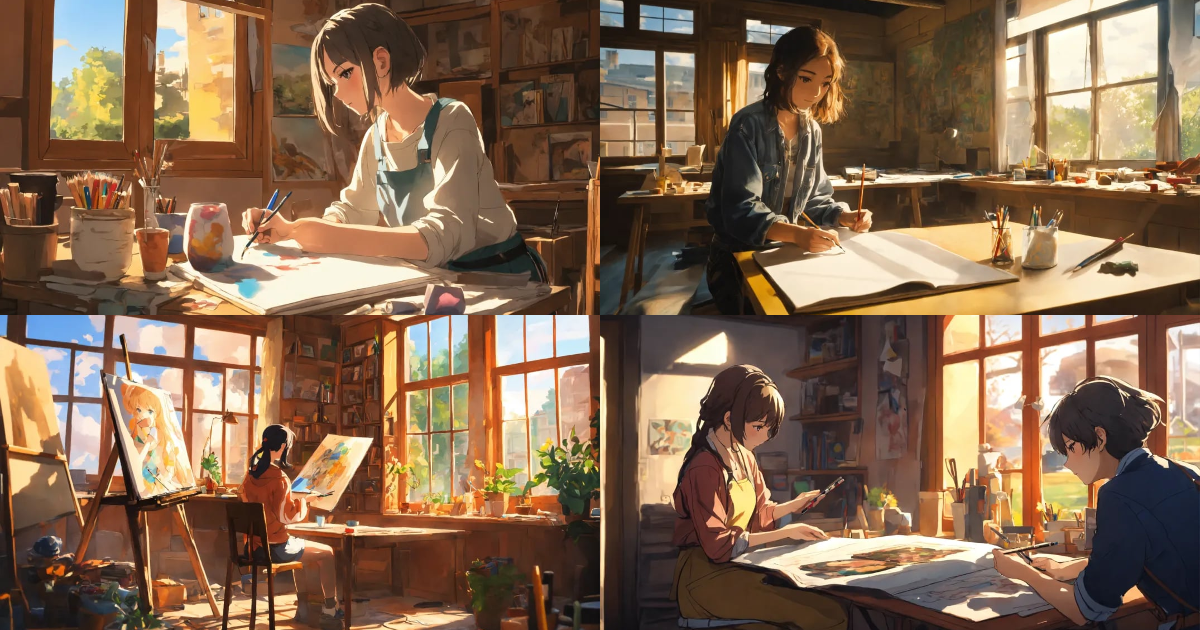 Lexica - Anime style, a girl draws a still life with plaster in a large ...