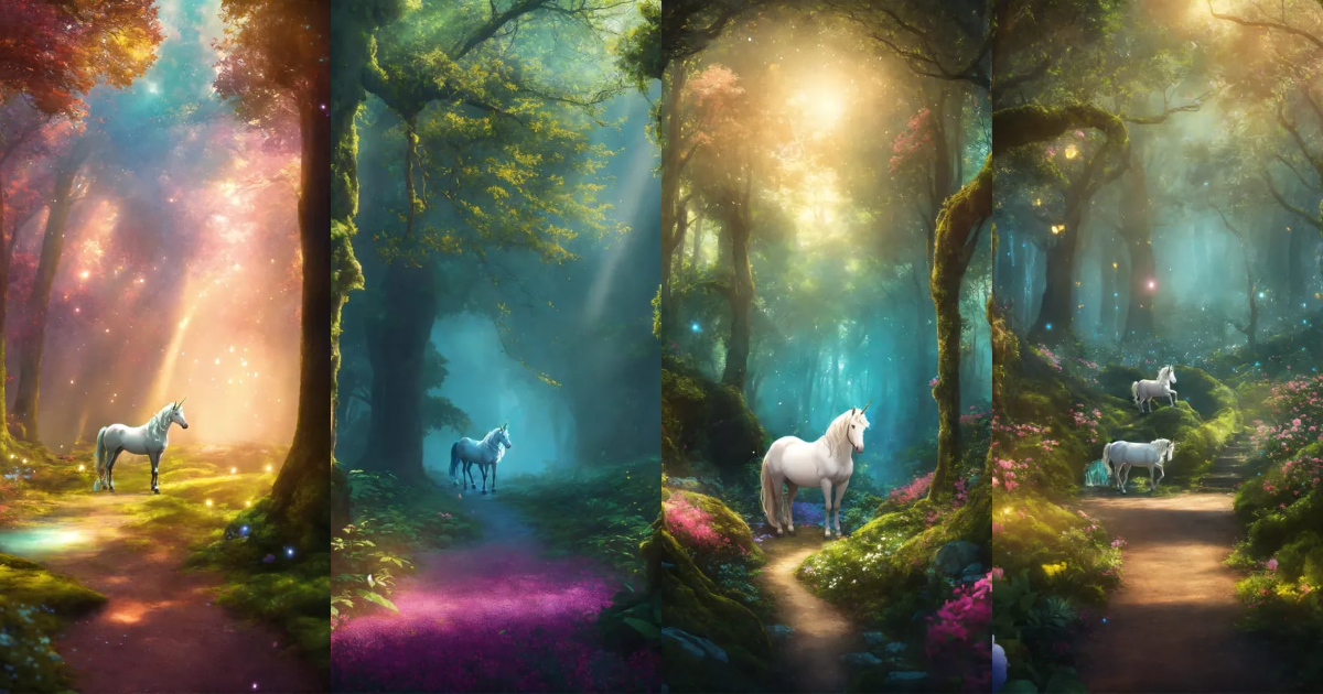 Lexica - Mystery unfolds in an enchanted forest with unicorns in the virtual landscape.