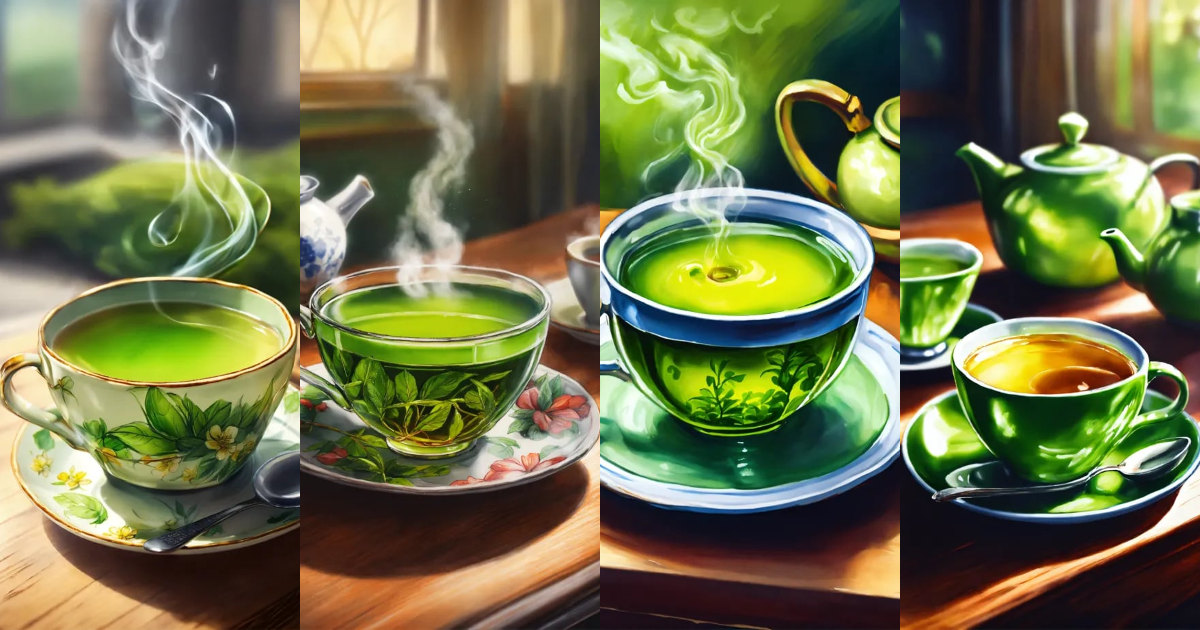 Lexica - A hand drawn painting of a cup of steaming hot green tea kept ...