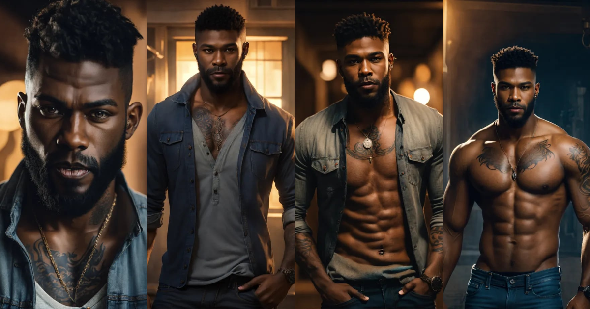 Lexica - Very Handsome black male werewolf, light eyes, beard, wearing ...
