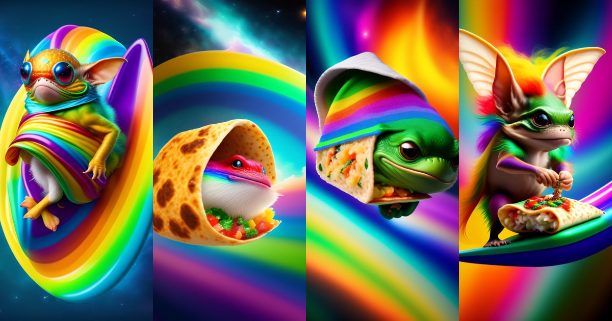 Lexica - A gremlin with rainbow wings surfing a burrito in space