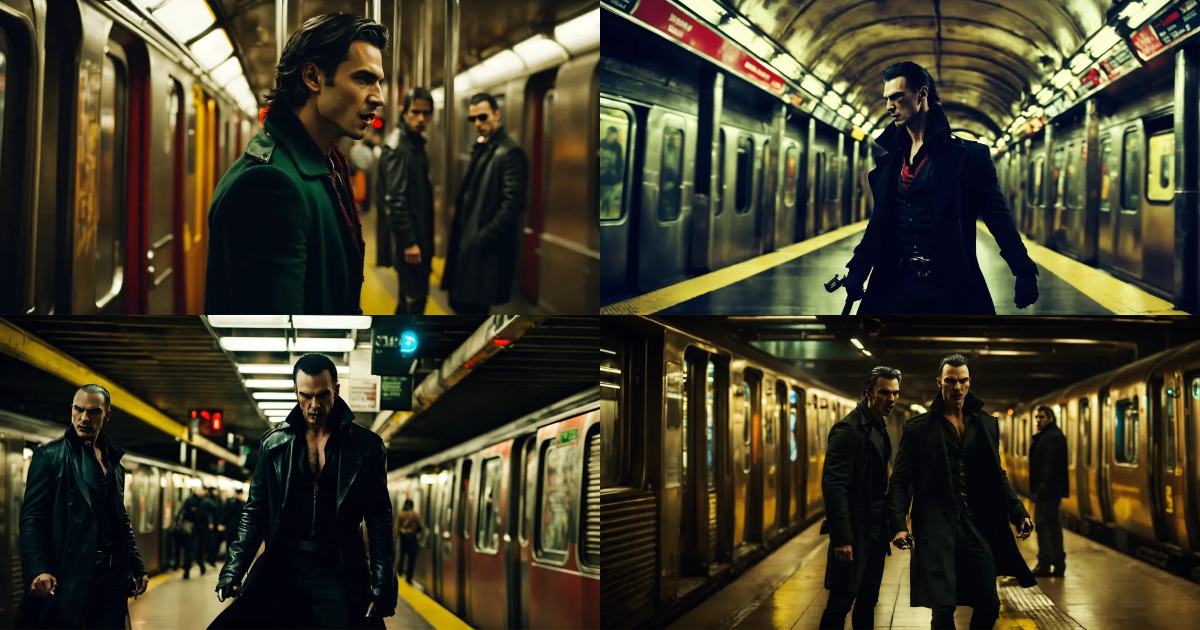 Lexica - Cinematic look, two male vampires fighting in new york, subway ...