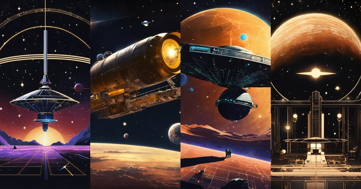 Lexica - Art deco deep space exploration station flying towards a ...