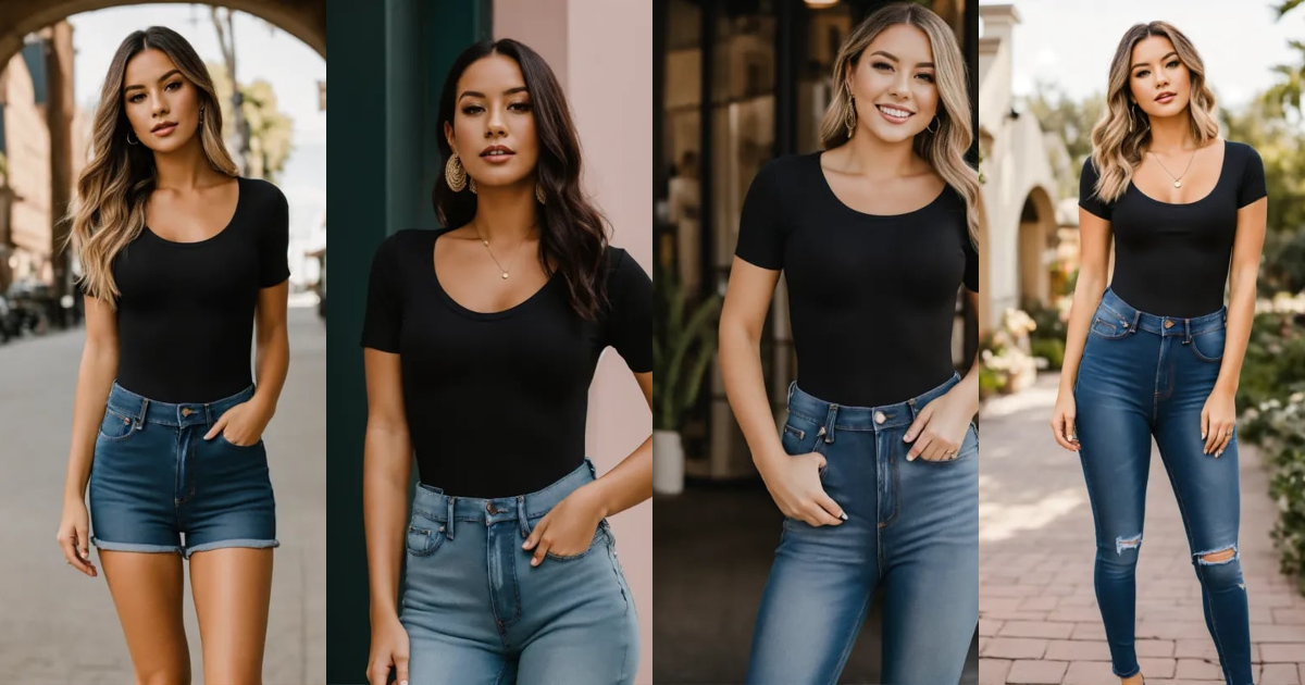 Lexica - Woman wearing a black short sleeve scoop neck bodysuit and jeans for a boutique photoshoot