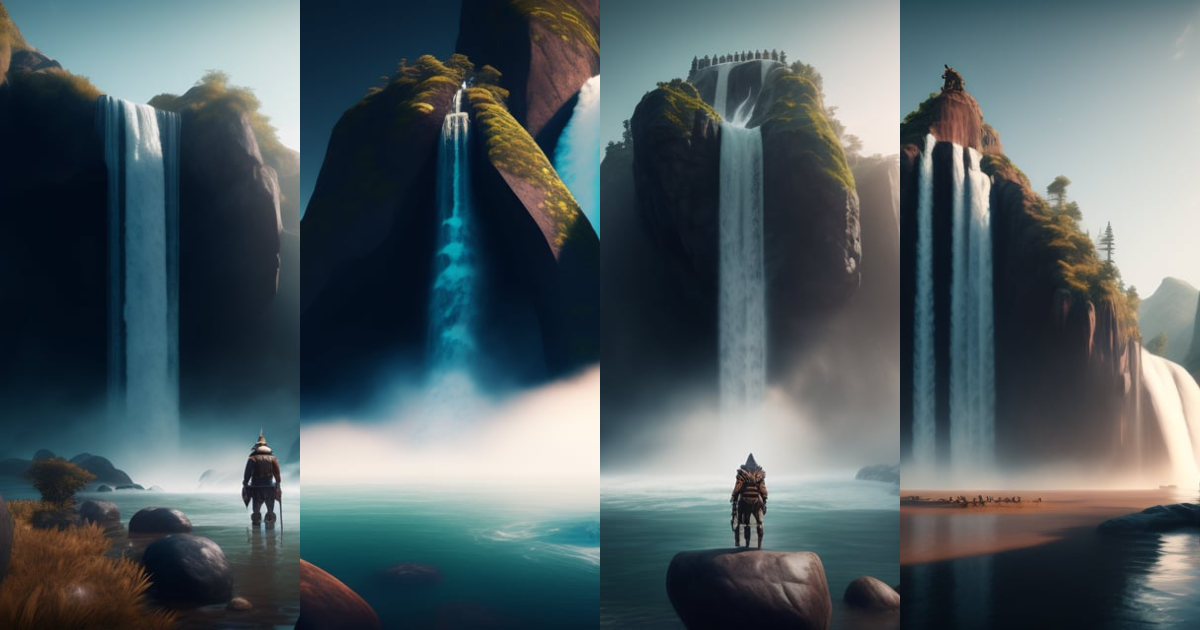 Lexica - An angry giant, made of rocks, appears out of a waterfall, to ...