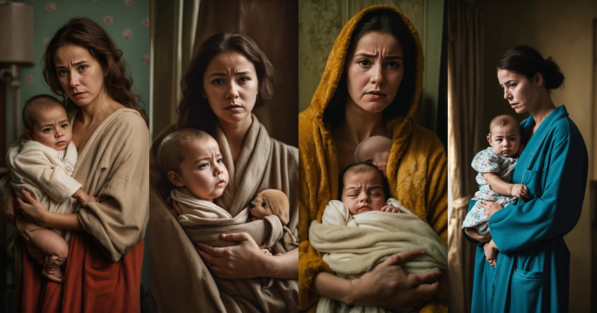 Lexica - A sad woman in a housecoat with a sad and pitiful face holds ...