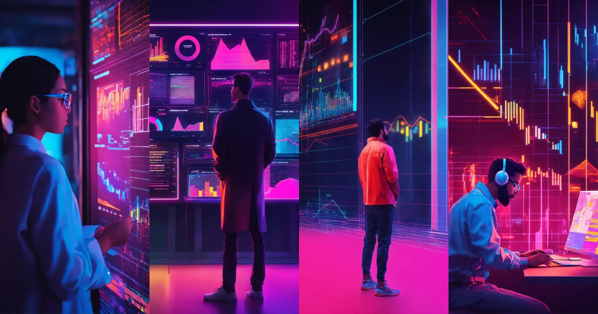 Lexica - A person seeing some graphics of data analytics in a neon vibes
