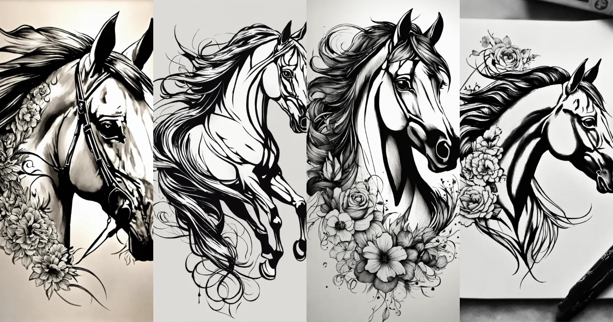 Lexica - Black and white, simple horse flash tattoo, white background ...