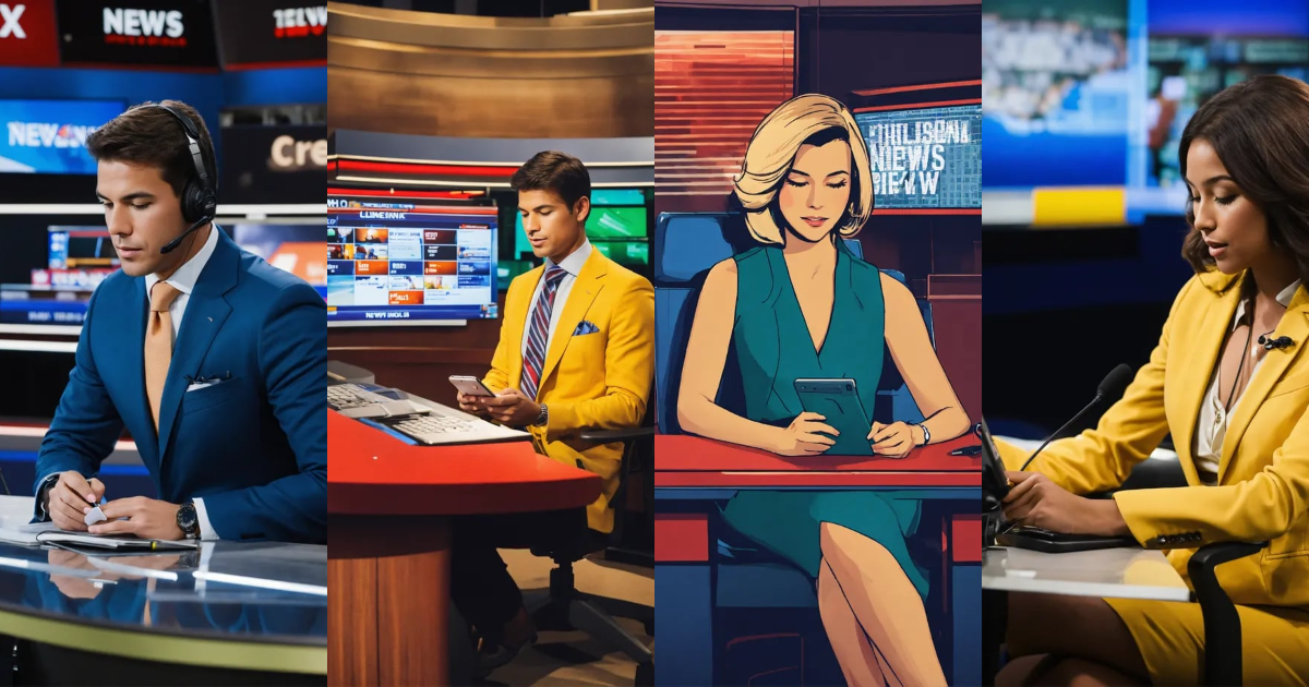 Lexica - A news anchor texting while sitting at a news desk