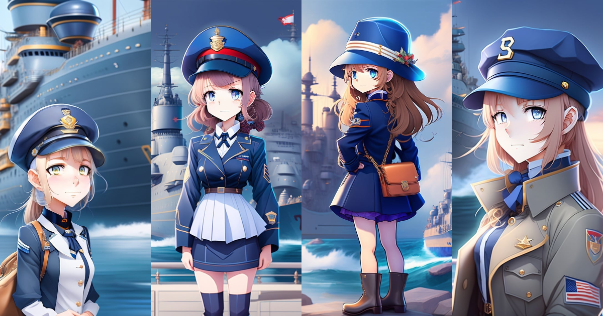 Lexica - Draw me a cute, shy girl in a cap in a navy suit in front of ...