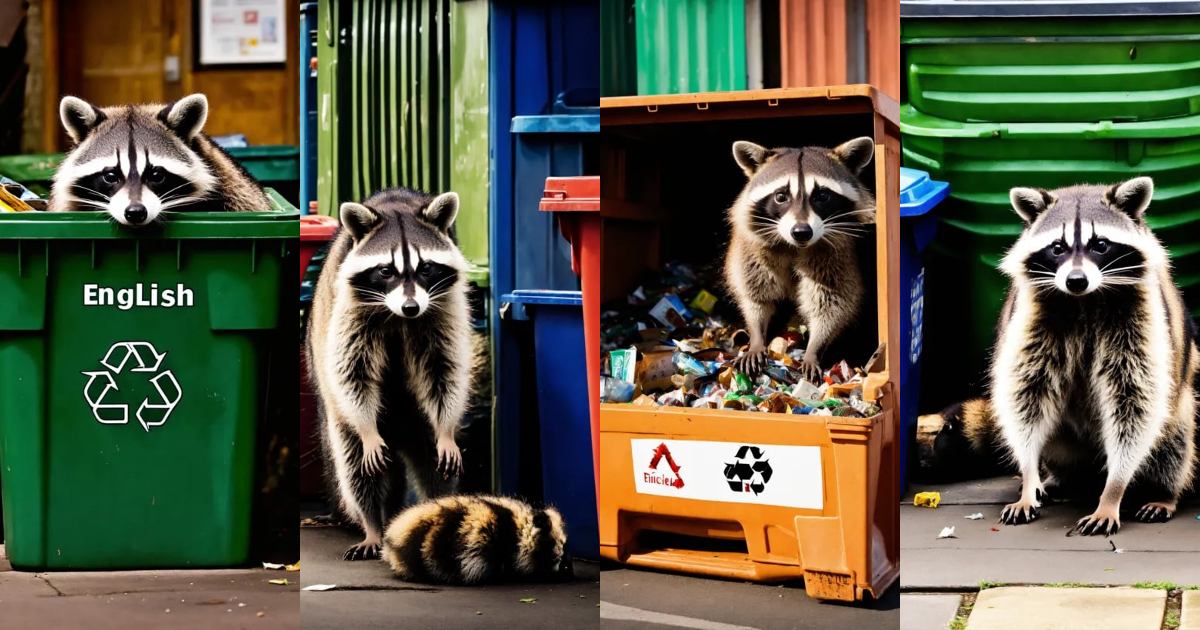 Lexica - A photograph of a raccoon digging through recycling bins with ...