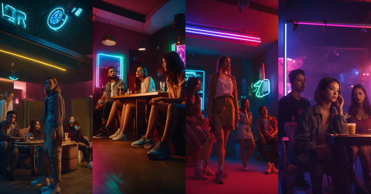 Lexica - A group of friends with 2 girl and 3 Dumb Charades, interior night time, neon light ...