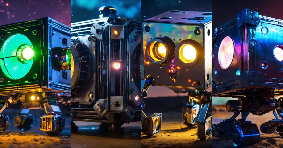 Lexica - Small floating polished steel cube bot with 2 round lights on ...