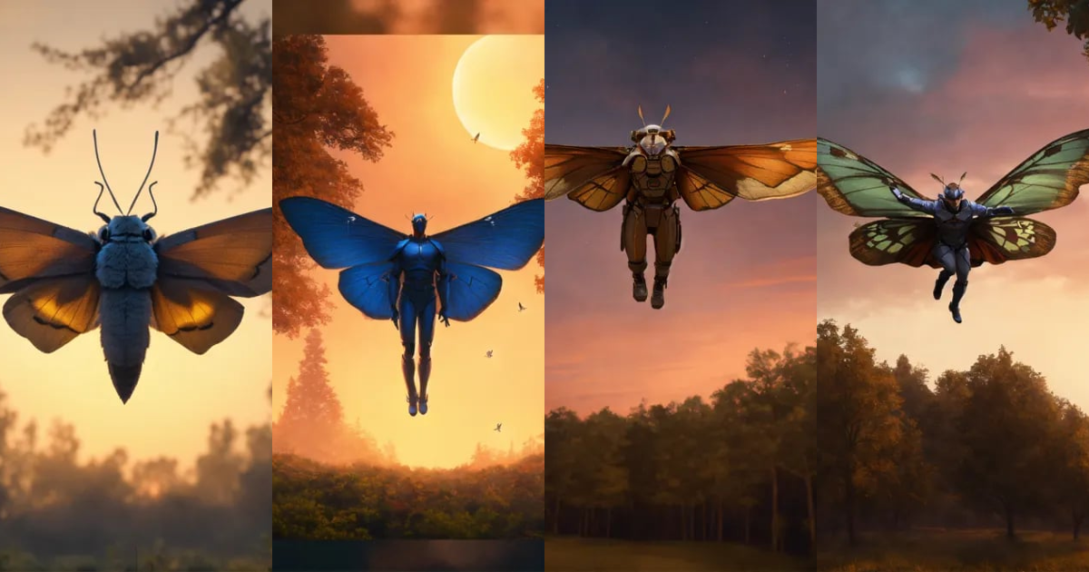 Lexica - Photorealistic humanoid moth-man flying over trees as dusk sets in