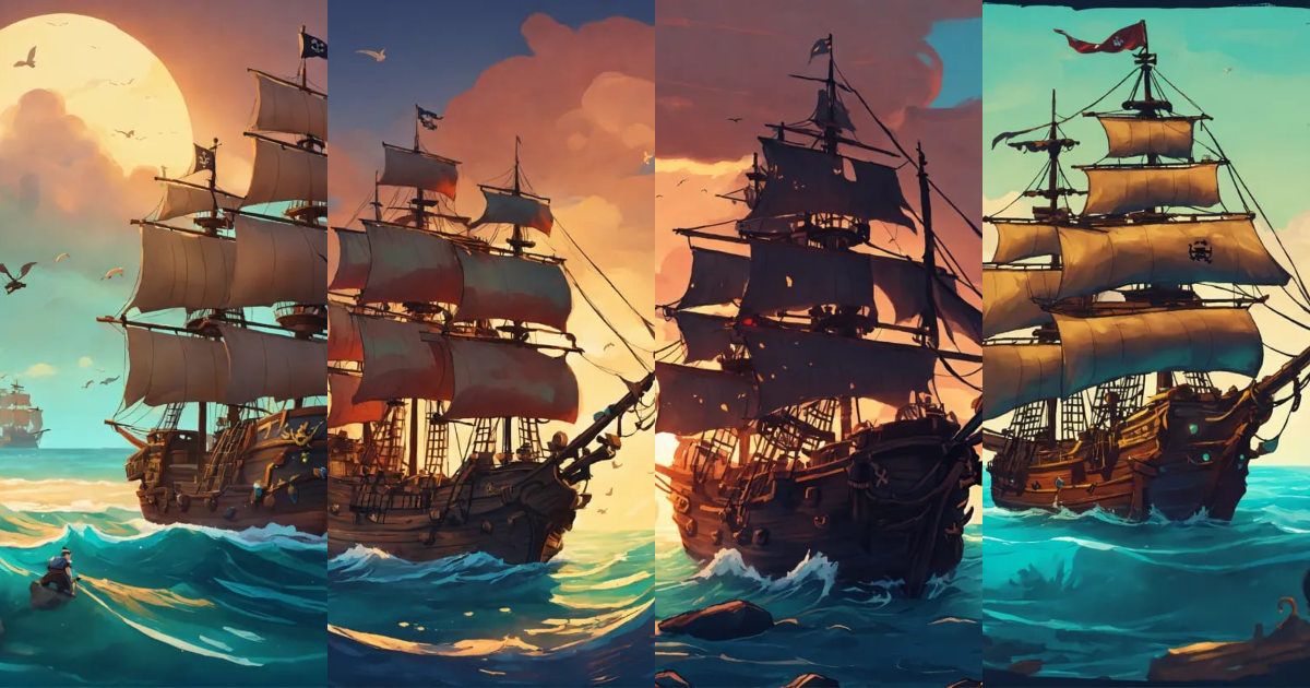 Lexica - Ocean and pirate ship in profile, detailed hand illustration ...