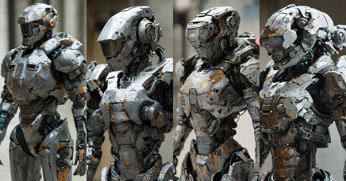 Lexica - Heavily augmented cyborg with weathered gray armor.