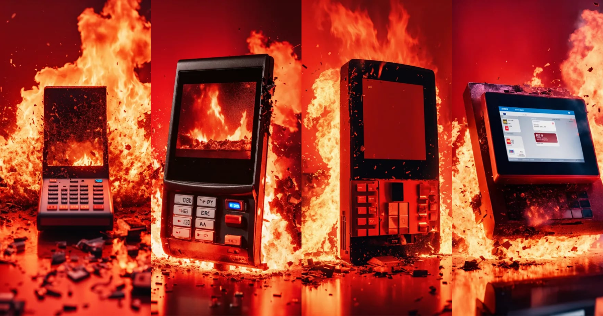 Lexica - A broken payment POS device exploded on a red screen, device ...