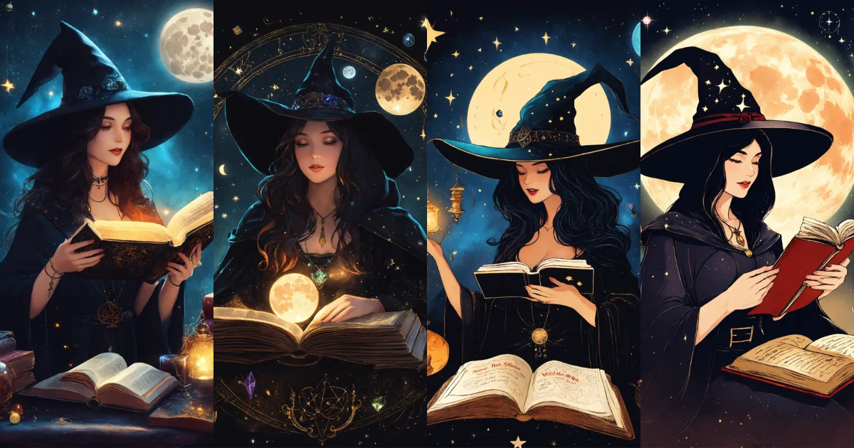 Lexica - Mysterious witch wearing a black hat and cloak, reading a ...