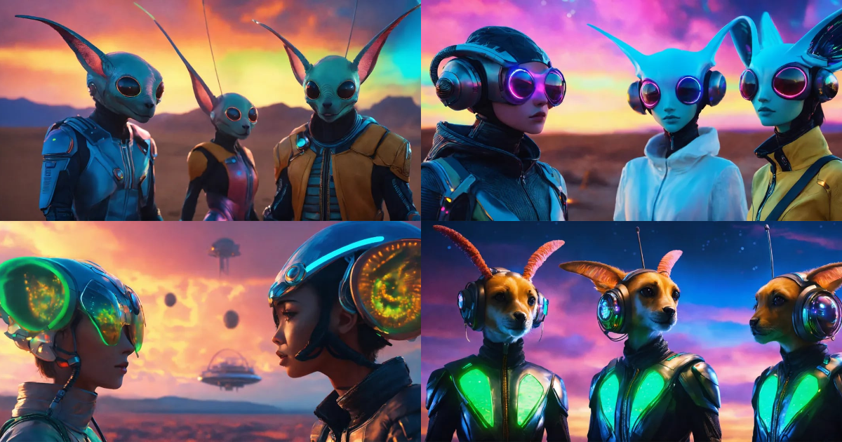 Lexica - Zoom out of 4 lovable creatures wearing detailed alien ear ...