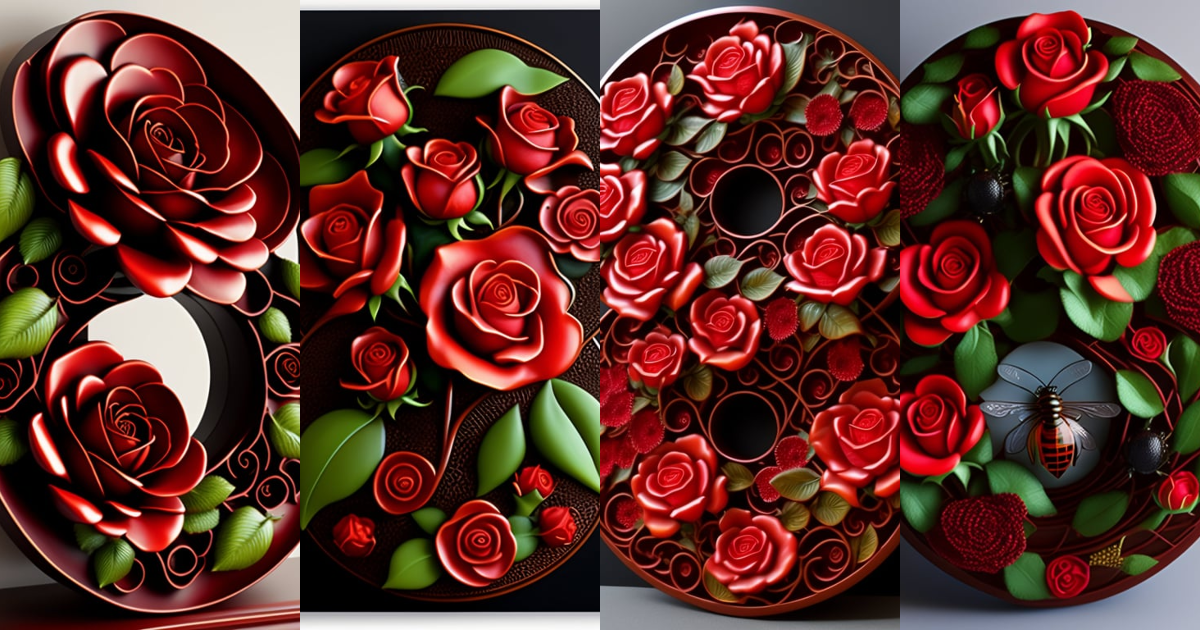 Lexica - Red roses surronded by circular arrangment of leaves, ladybird ...