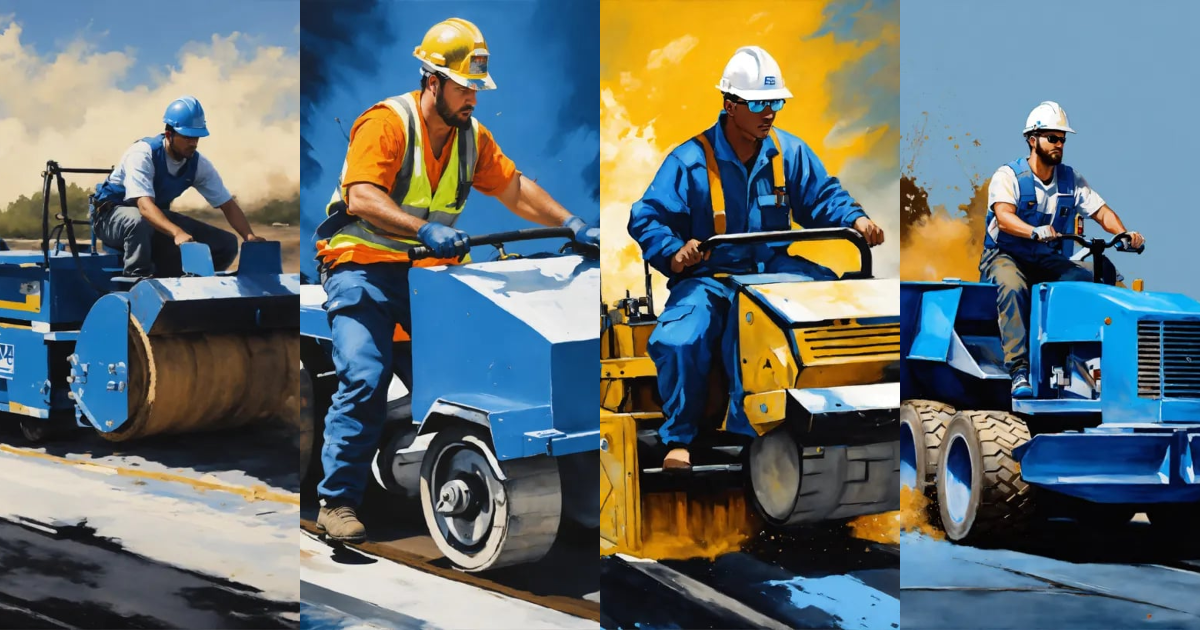 Lexica - Painting of a construction worker riding a asphalt paver into ...
