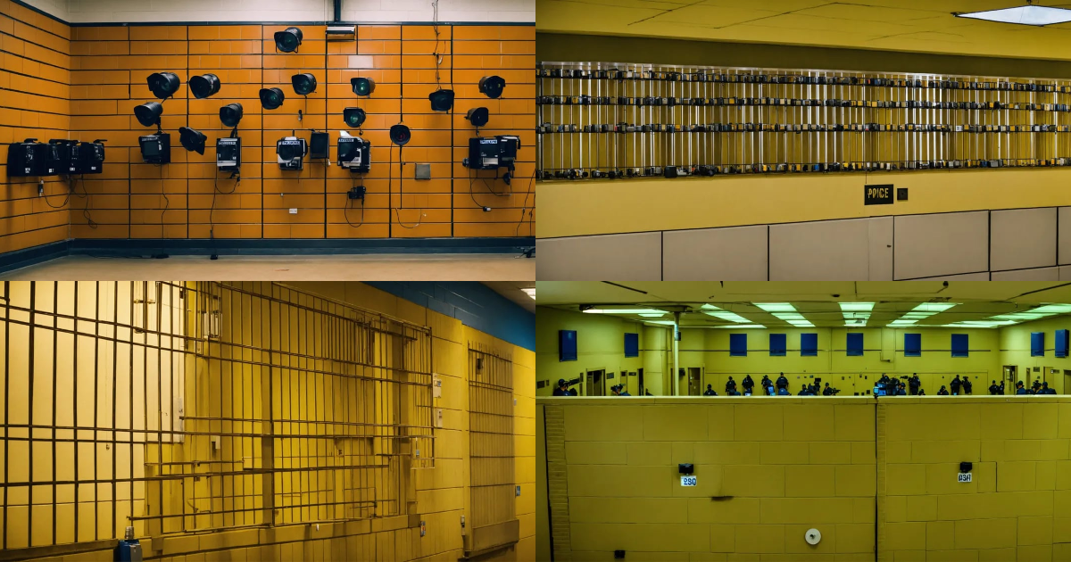 Lexica - Detention center, wall, processing, mugshot wall, cameras, police