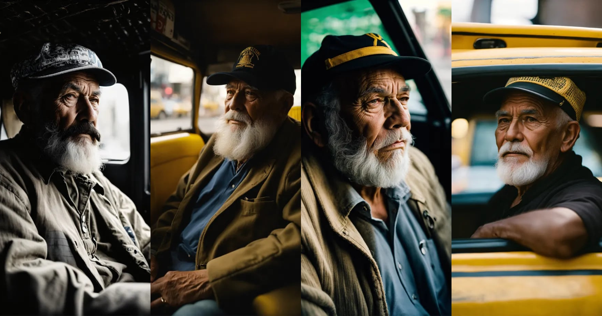 Lexica - A wise old man with black beard and baseball cap in a taxi cab ...
