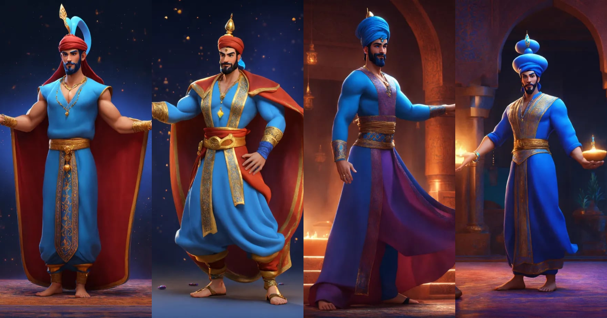 Lexica - Create a 3D rendering of a magical blue Arabian male genie ...