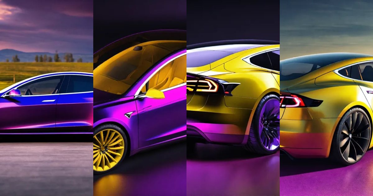 Lexica - Tesla, side view, whole car, 4k, 3d render, purple yellow