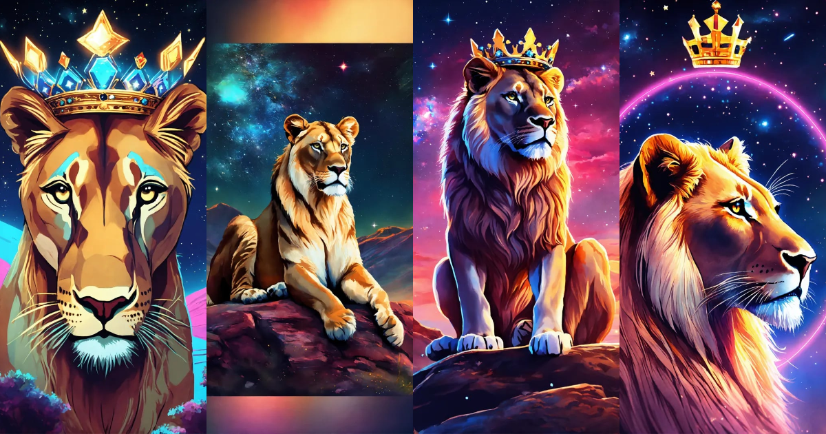 Lexica - Lioness Queen and crown, starry sky landscape, celestial ...