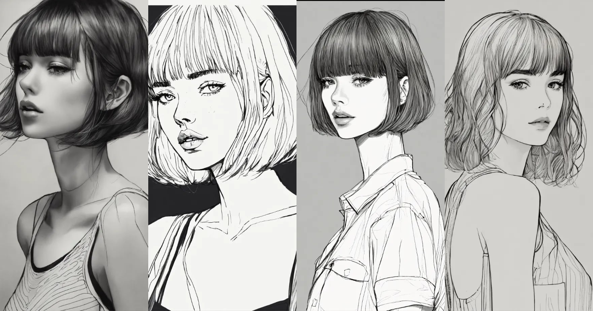 Lexica - Black and white line drawing, skinny girl, bob with bangs ...